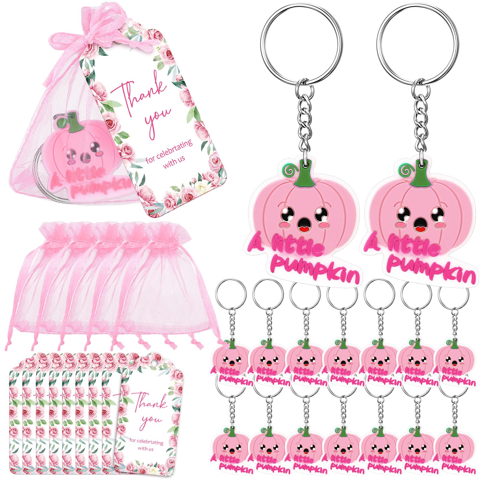 Inbagi 60 Set Thanksgiving Little Pumpkin Baby Shower Party Favors Include Cute Pumpkin Key Chain Thank You Kraft Tags Orange Organza Bags for Thanksgiving Day Fall Autumn Baby Shower Supplies(Pink)
