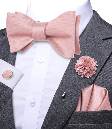 Dubulle Self Tie Bow Ties and Lapel Pin for Men Paisley Solid Mens Bowtie and Handkerchief Cufflinks Set Wedding,Blush Rose Gold