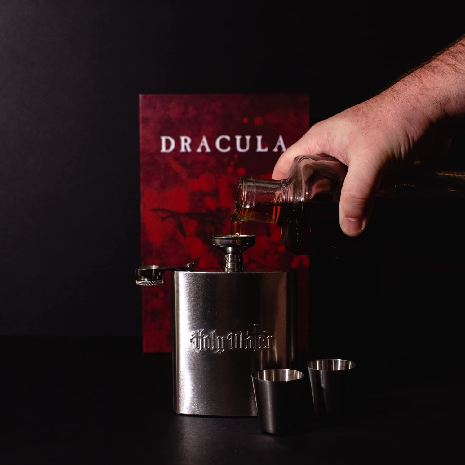 Funderstood Dracula Holy Water Hidden Barware Book Safe, Gothic Secret Liquor Flask with Two Stainless Steel Shot Glasses, Gothic Gift Set, Goth Decor - 2.25β X 6.125β X 9.5β