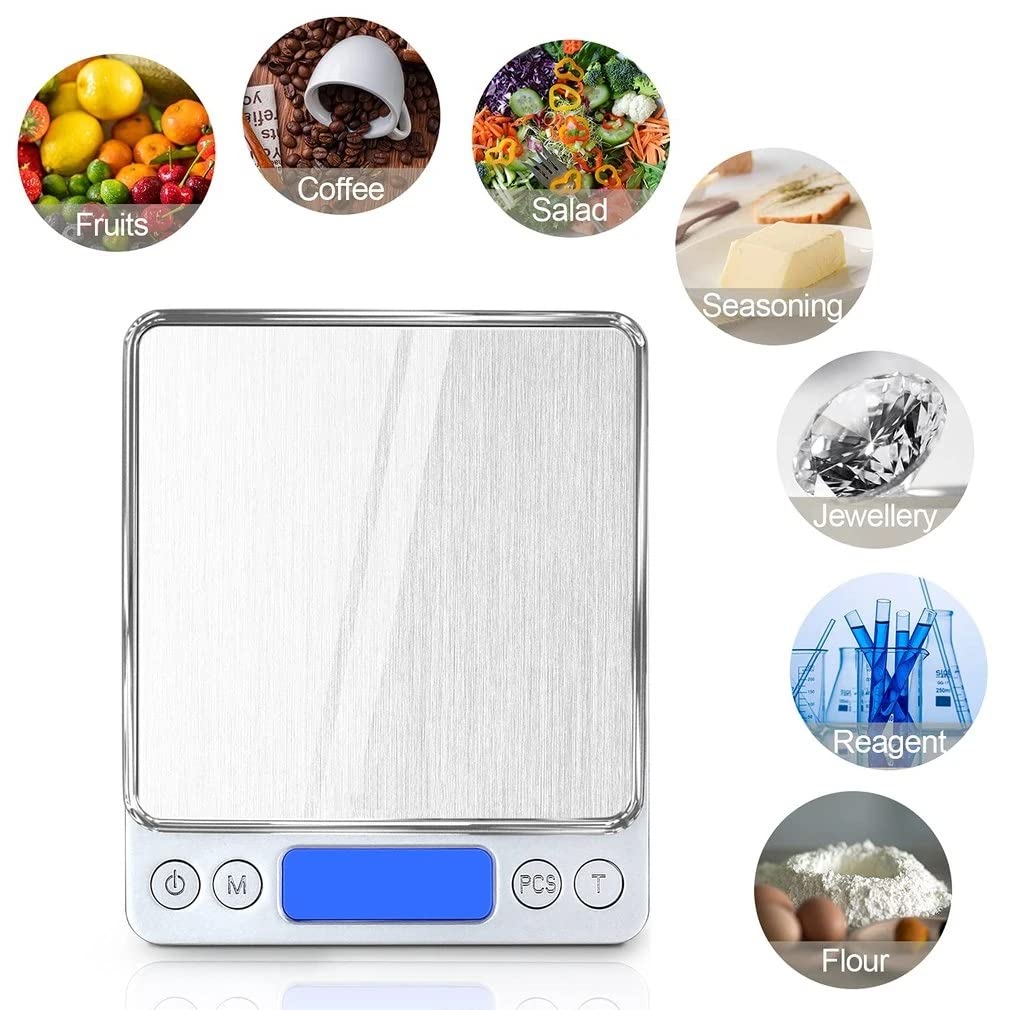 Digital Kitchen Scale 2000g x 0.1g Jewelry Cooking Food Scale Stainless Steel (Batteries Included) with 2 Clear Expanding Trays