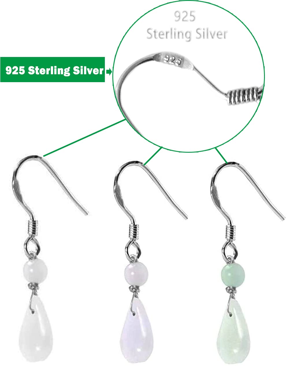 Dahlia Jadeite Jade Tear Drop Silver Drop Earrings, Lavender