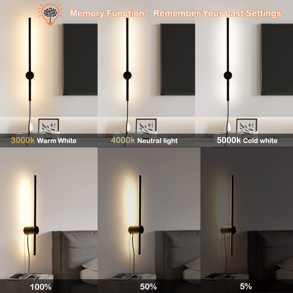 Ditoon Modern Plug in Wall Sconce Set of 2 LED Matte Black Wall Lamp with Plug in Cord On/Off Switch 21 5/8 inches lamp for Bedroom Nightstands(2-Pack)