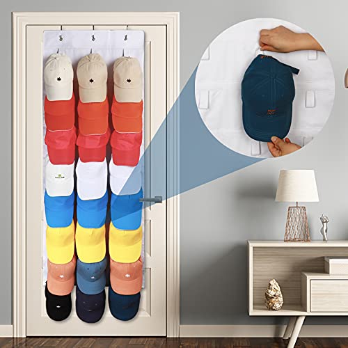 RUIFUU 24 Hat Pocket Over, With Over Door Hooks, Hat Storage for Baseball Caps,Baseball Cap Organizer, Clear Deep Pockets to Protect and Display Your Baseball Cap Collection(White)