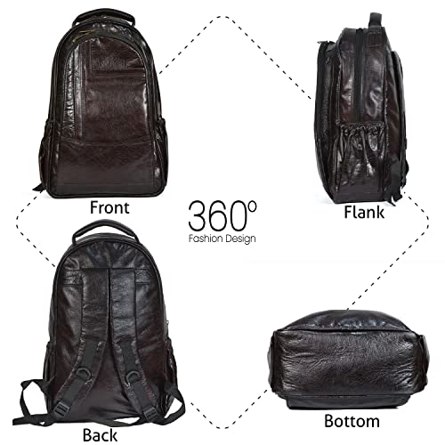 Leather Backpack for Men Women Large Capacity - Genuine Brown Travel 15.6 inch Leather Laptop Bag, Rucksack for Business, College, Casual Daypack