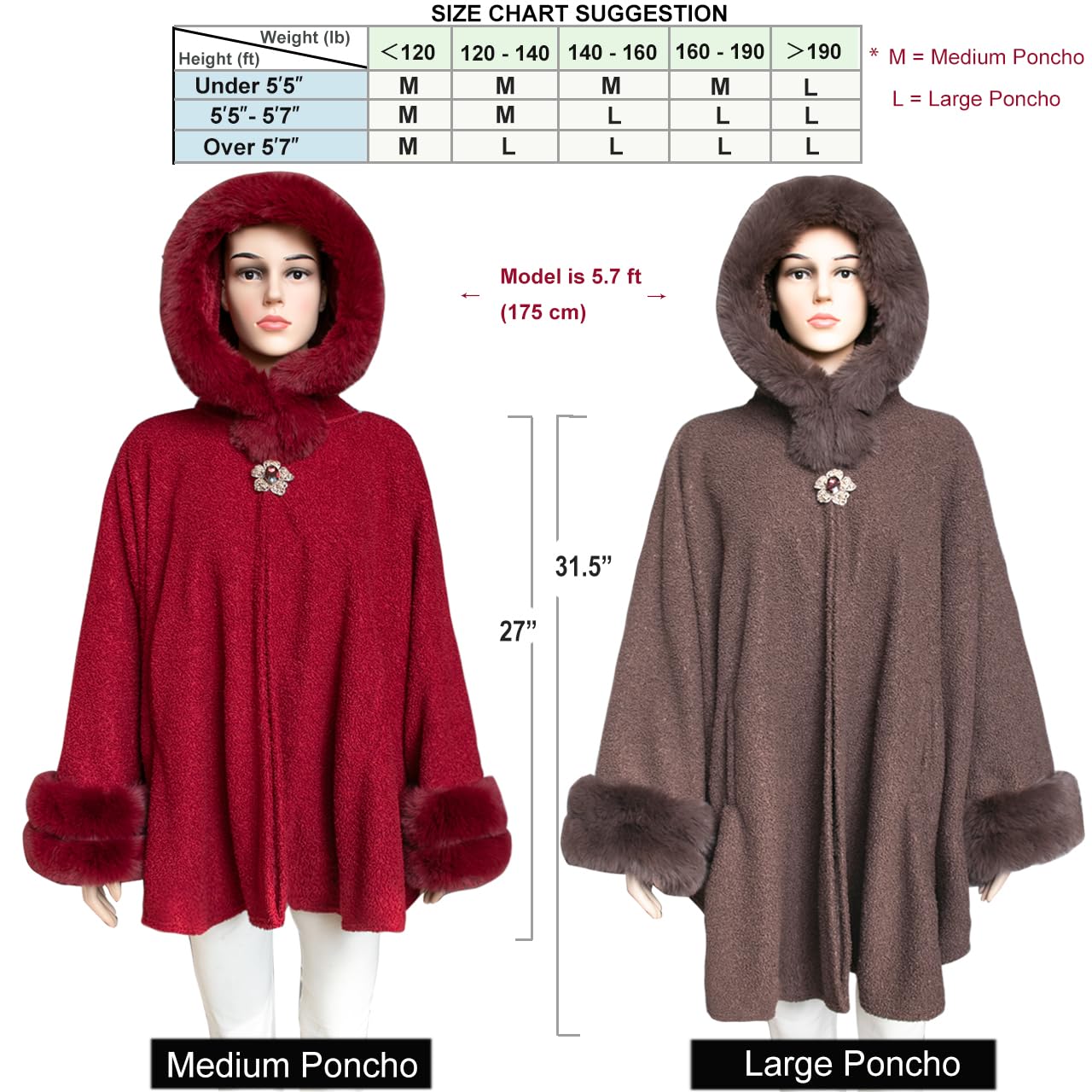 Dahlia Women's Winter Poncho Cape – Luxurious Faux Fur-Trimmed, Shed-Free, Silky Touch, Fleece-Lined Elegant Cloak, Black Large