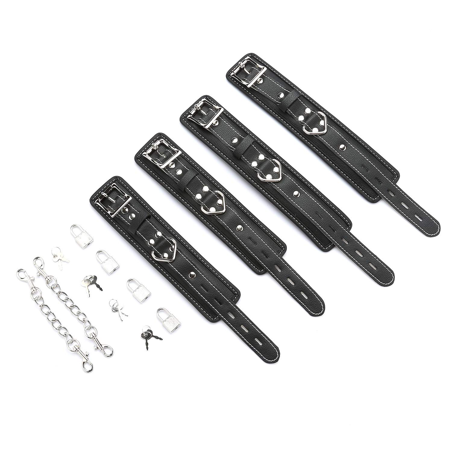 EXREIZST Expandable 2 Silver Spreader Bar with 4 Black Leather Straps Soft Pad Adjustable Exercise Training Tools Set for Home Gyms