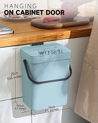 MONGTINGLU 1.3 Gallon Small Trash Can with Lid - Countertop Food Waste Bin, Kitchen Hanging Trash Can for Cabinet Door/Under Sink, Small Garbage Can for Desk, 5L(Subtle Blue)