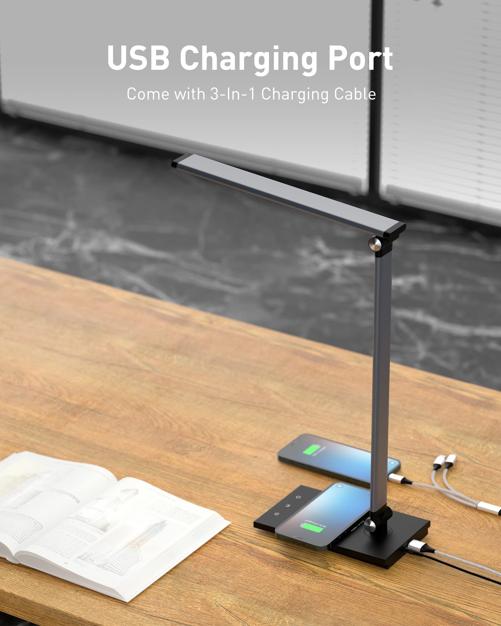 FOCASEY LED Desk Lamp with Wireless Charger,USB Charging Port,Eye-Caring Desk Lamps for Home Office,Touch Control Table Lamp with 25 Lighting Modes,Desk Light for Study,Reading,Office,Black