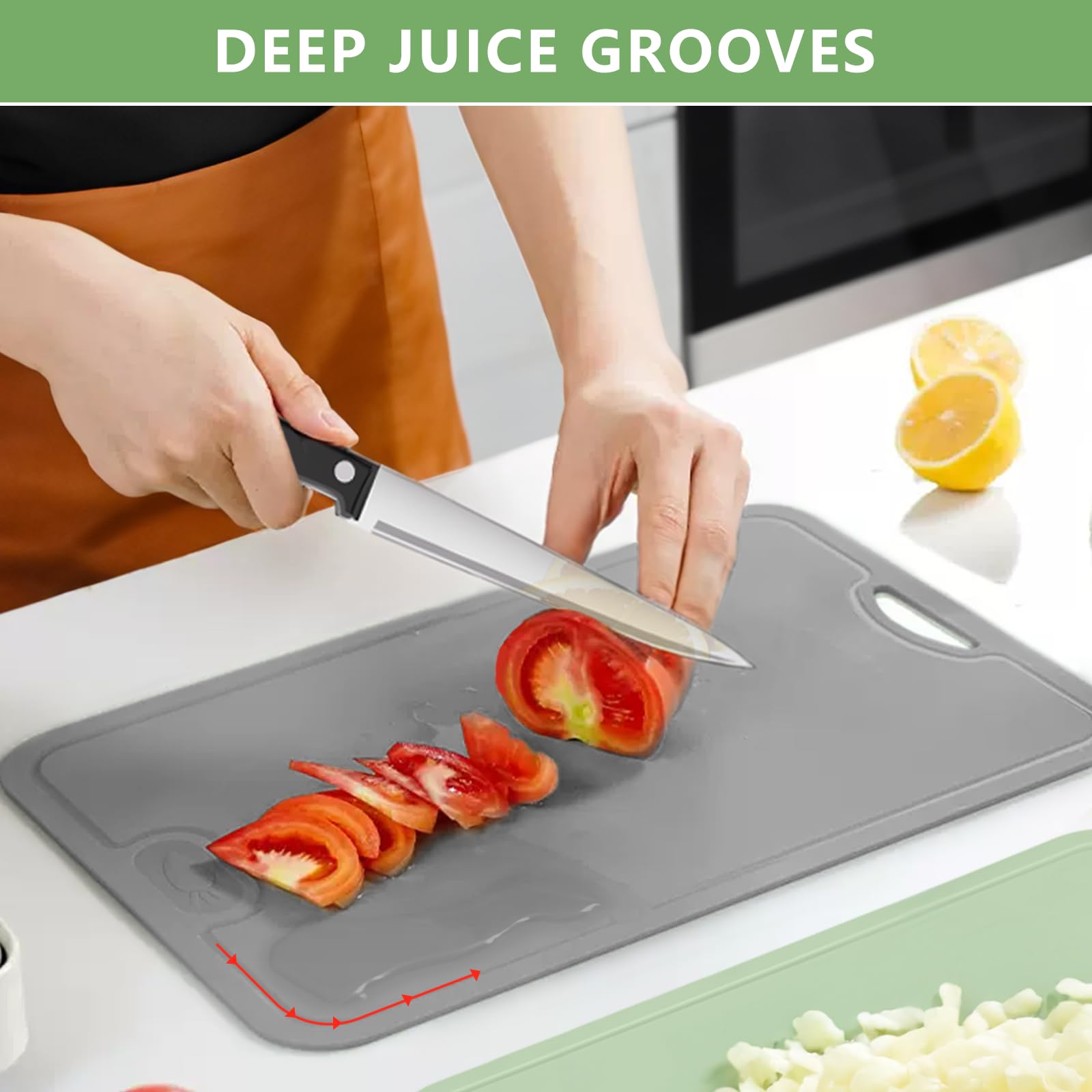 Gintan Flexible TPU Cutting Board with Knife and Juice Groove, BPA Free Flexible Chopping Boards for Kitchen Dishwasher Safe Easy Grip Handle(Grey)