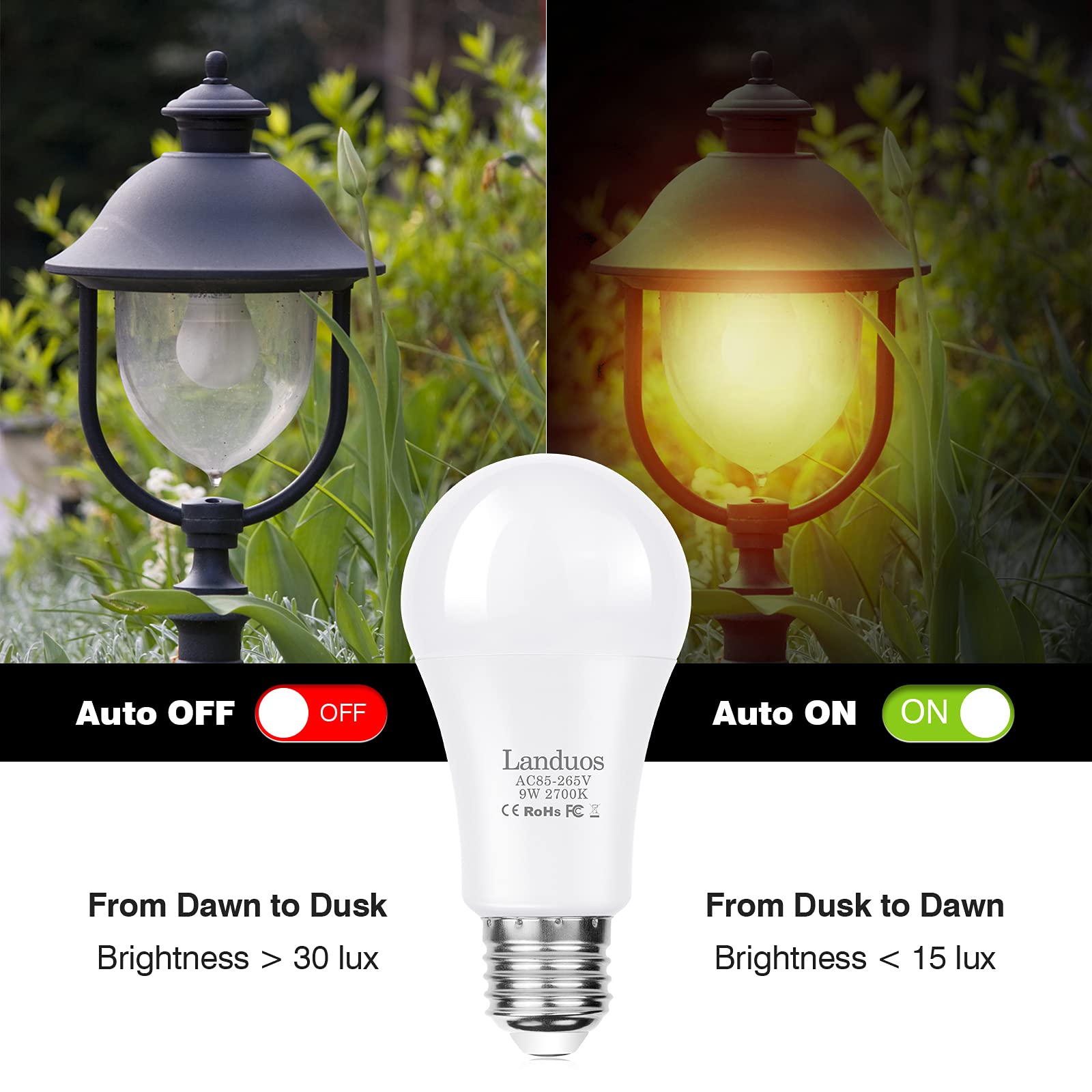 Dusk to Dawn Light Bulb A19 2700K 9W (100W Equivalent) Smart Sensor Light Bulbs Super Bright Automatic On/Off E26 Security Lights Indoor/Outdoor Yard Porch Patio Garden (Warm White Pack of 2)
