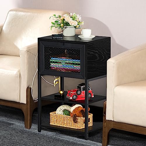 LEBOAHOUS Nightstand with Charging Station and USB Port, 3 Tier Industrial Night Stand, Bedside Table with Flip Storage Drawer and Open Shelf, End Side Table for Bedroom, Office, Dorm 26.2''H (Black)
