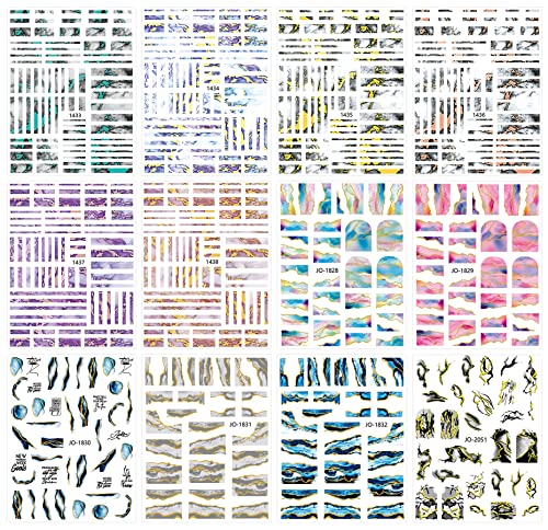 JMEOWIO 12 Sheets Marble Nail Art Stickers Decals Self-Adhesive Pegatinas Uñas French Tip Wave Line Nail Supplies Nail Art Design Decoration Accessories