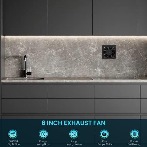 HG Power 6 Inch Exhaust Fan, 308CFM Wall Exhaust Fan for Kitchen, Bathroom, Metal Extractor Fan for Attic, Garage, Window Ventilation, HVAC System, Black