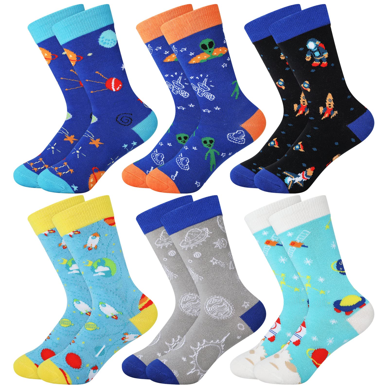 Eurzom 6 Pairs Novelty Socks for Boys Cotton Crew Socks Space Theme Boy Socks Holiday Gift