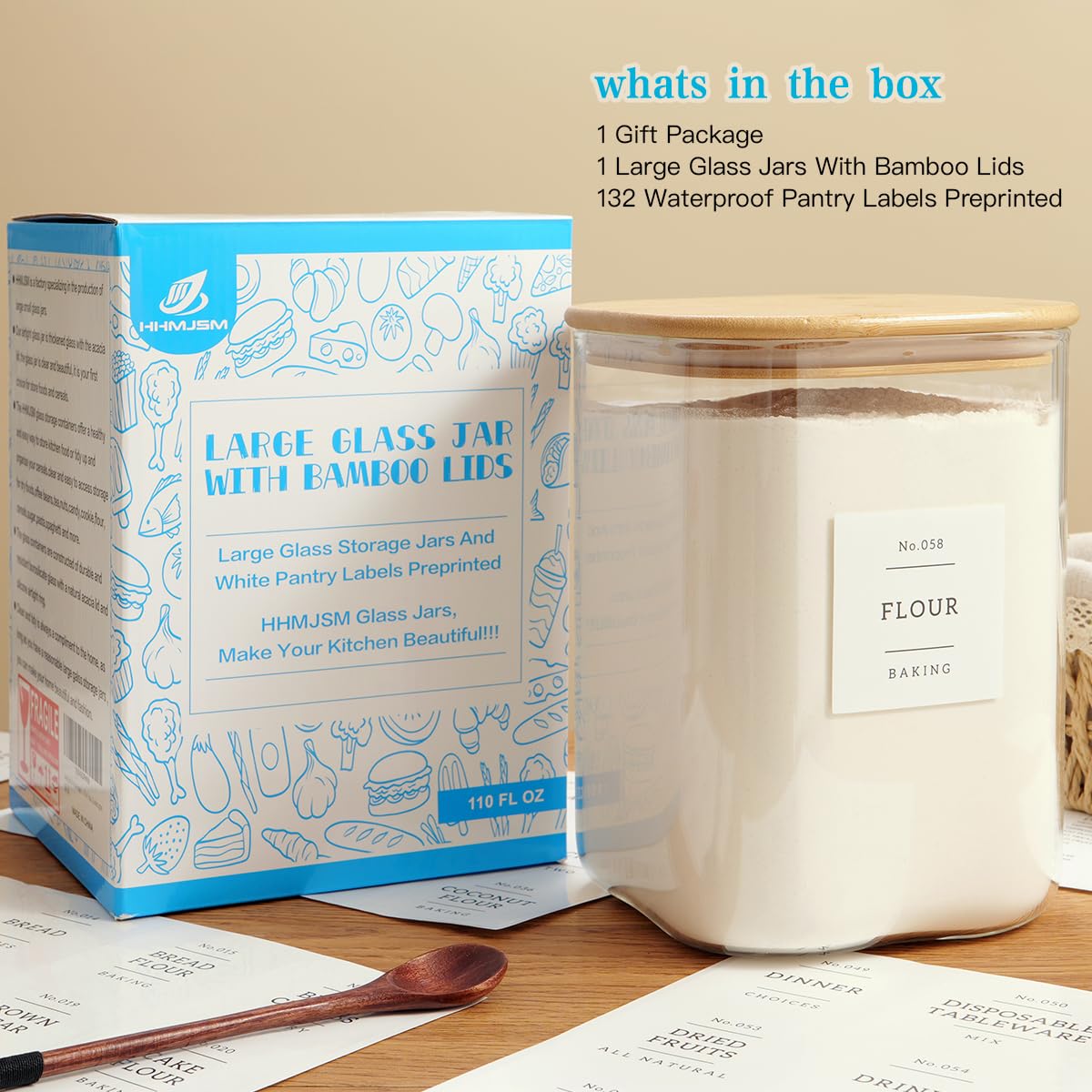 Large glass flour and sugar containers with 132 Kitchen Pantry Labels - 110 oz Glass Food Storage Containers with Airtight Lids - Square Glass Jars with Bamboo Lids for Rice, Pasta, Cookies, grain