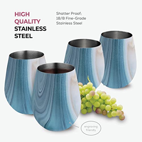 Stainless Steel Unbreakable Wine Glasses - 18 Ounce Set of 4 Wine glasses. Premium Grade 18/8 Stainless Steel Red & White Stemless Wine Glasses set, (Exquisite Blue Marble)