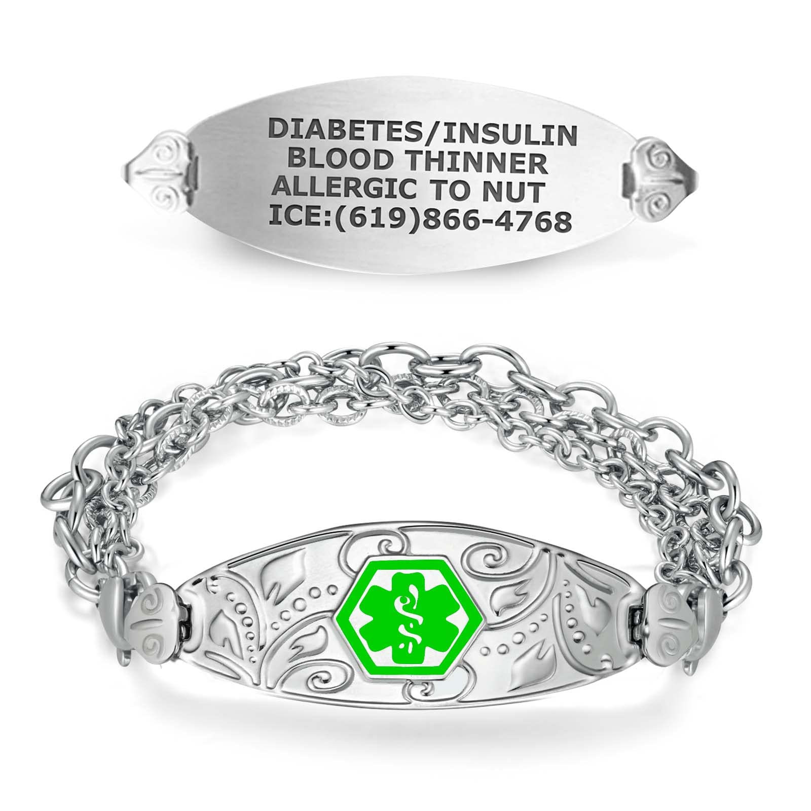 Divoti Custom Engraved Medical Alert Bracelets for Women, Stainless Steel Medical Bracelet, Medical ID Bracelet w/Free Engraving â Lovely Filigree Tag w/Tri-Strand-Light Green-6.0"
