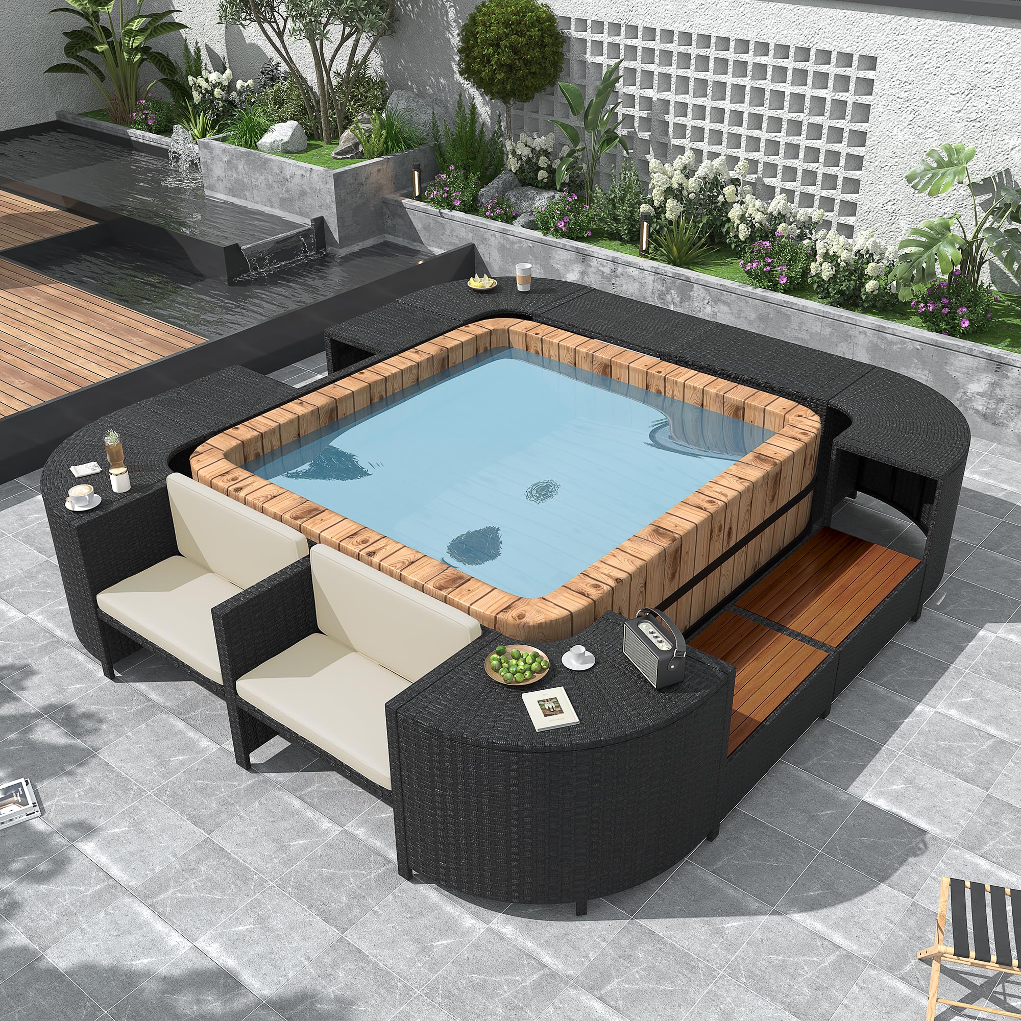 Harper & Bright Designs Spa Surround Spa Frame Quadrilateral Outdoor Rattan Sectional Sofa Set with Mini Sofa,Wooden Seats and Storage Spaces for Free Combination,Cream Beige