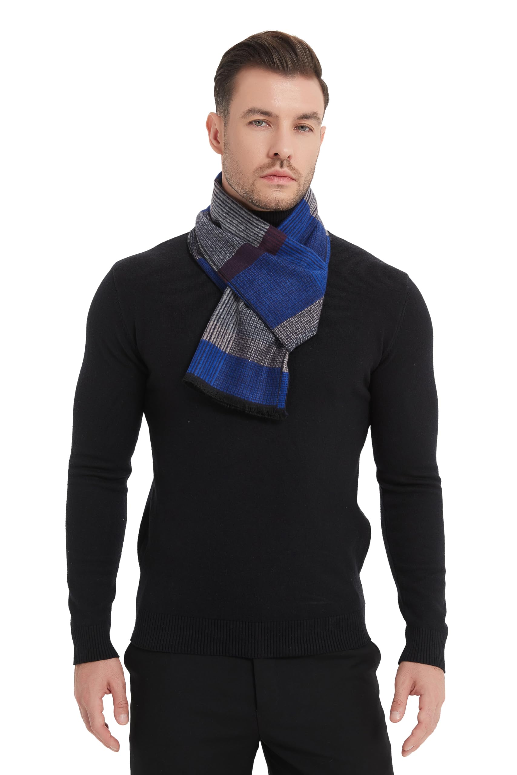 EP Mode Men's Winter Scarf, Cashmere Feel, Super Soft & Warm (Plaid Blue Grey)