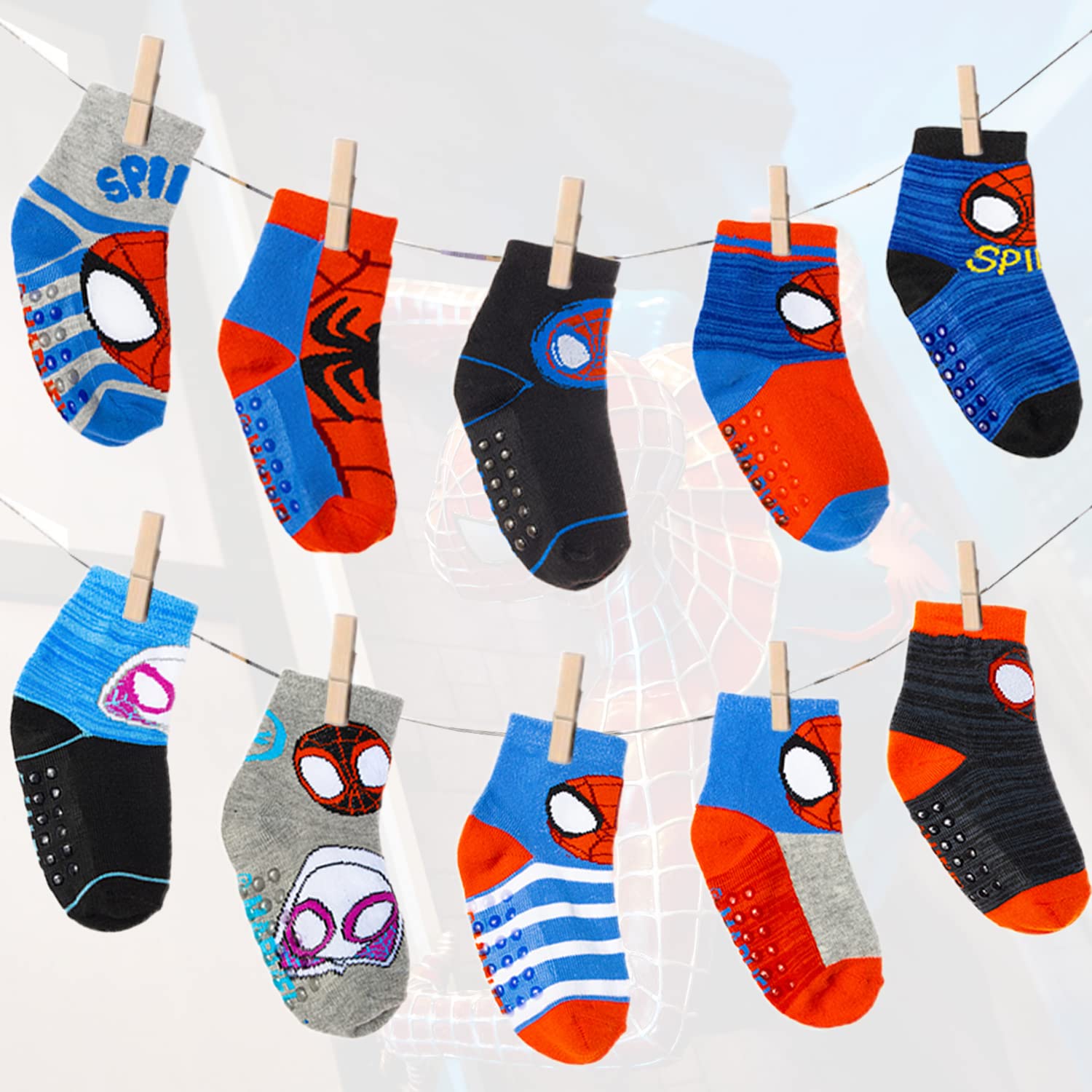 Spiderman Grip Socks, Socks for Toddler Boys, 10 Pack, Spider man Toddler Gripper Socks, Amazing Spiderman Variety Pack 2-3T