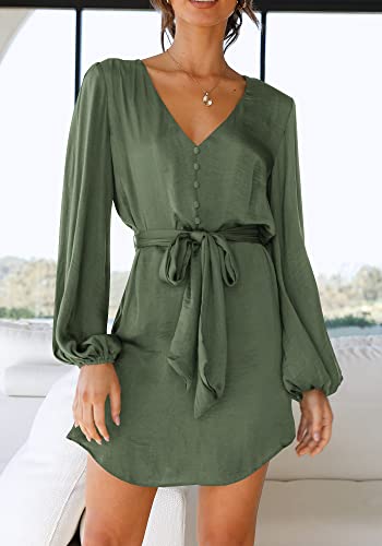 PRETTYGARDEN Women's Spring Long Puff Sleeve Satin Dress V Neck Cocktail Party Belted Short Formal Dresses (Army Green,Medium)