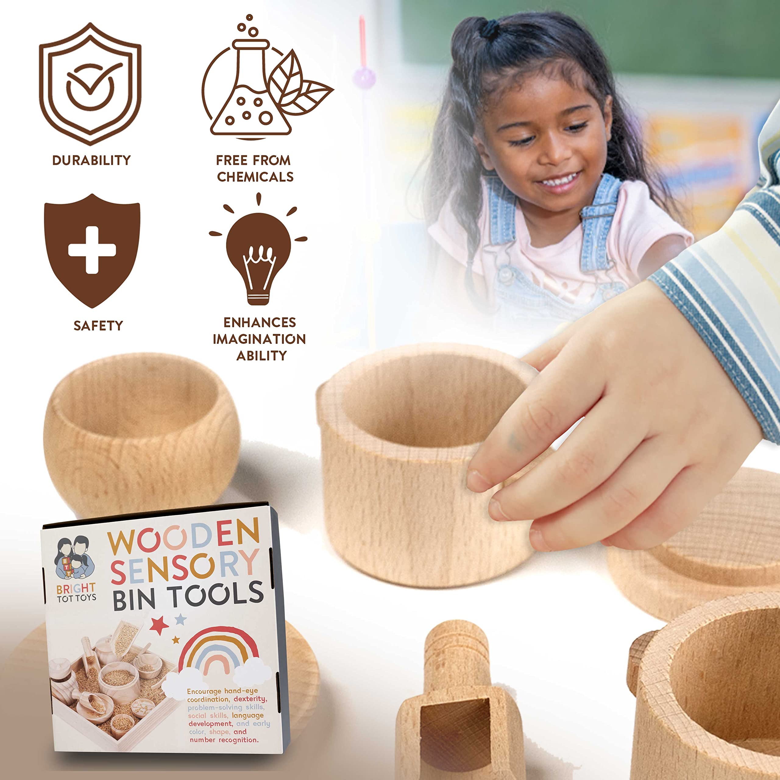 Sensory Bin Tools with Wooden Box, Montessori Toys for Toddlers & Kids, Set of 12 Wood Waldorf Toys for Transfer Work, Sensory Learning & Motor Skill Development