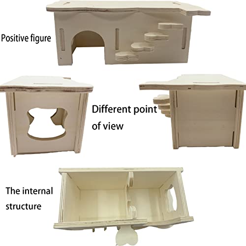 MUYG Wood Hamster House,Natural Wooden Chinchilla Hut with Steps Window Multi-Chamber Small Animal Hideout Maze Habitat Decor for Dwarf Mice,Rats,Syrian Mouse, Gerbils, Chinchilla (L)