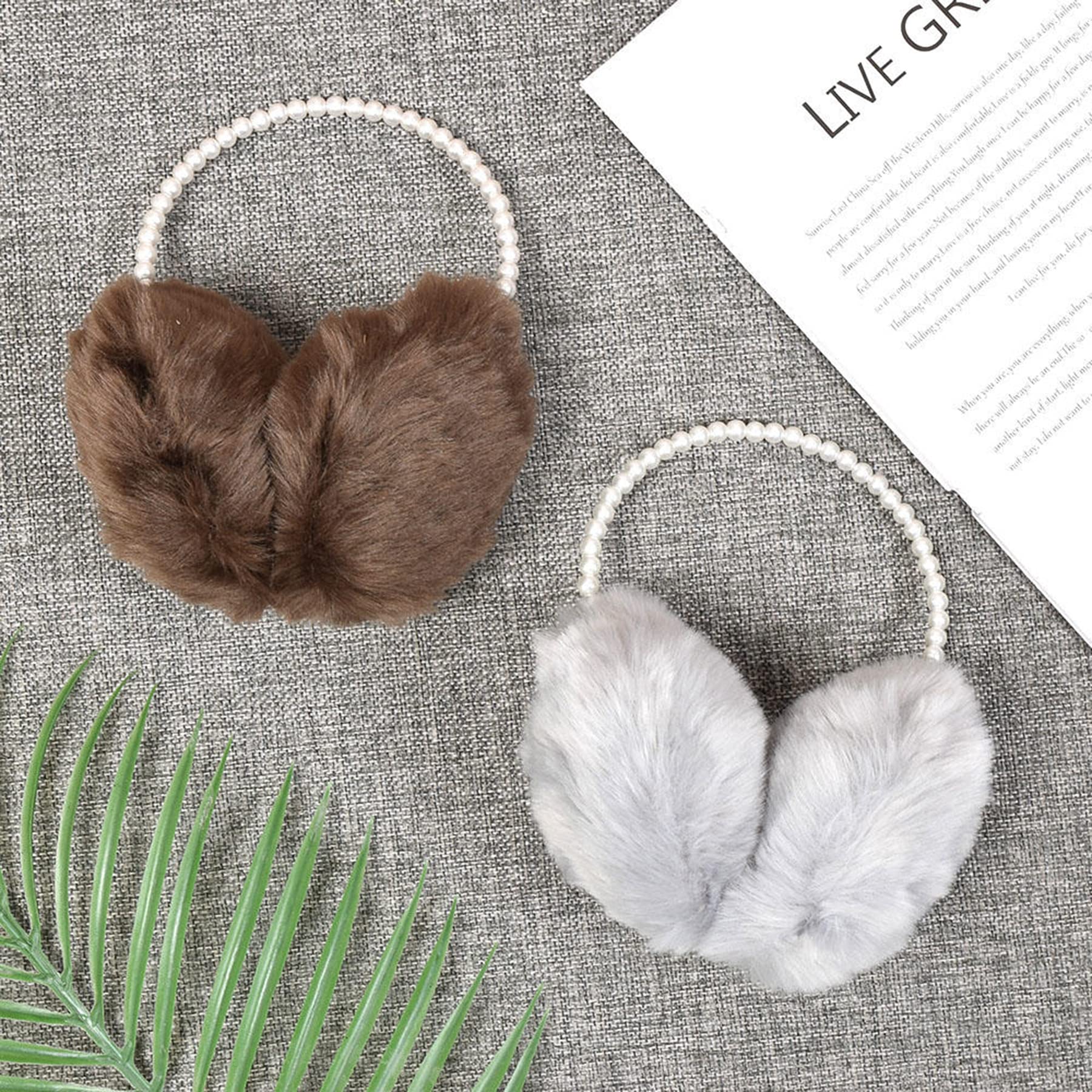 EOPER 2 Pieces Pearl Winter Earmuffs, Soft Plush Ear Warmers, Cold Weather Warm Hair Accessories (White+Pink)