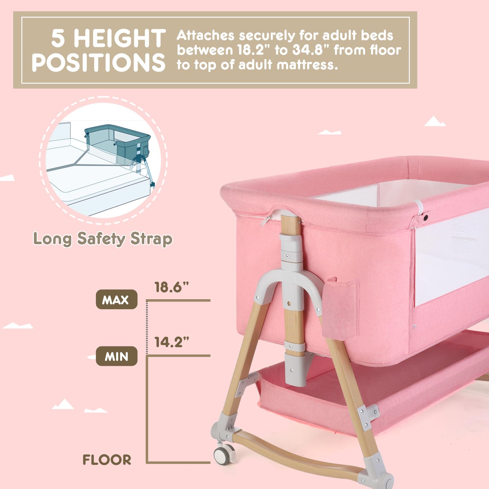 HARPPA Cuddly 3 in 1 Baby Bassinet Bedside Sleeper(Mosquito Net Included), Five-Position Adjustable Bedside Crib with Storage for Newborns, Portable Bassinet with Anchor Strap (Wood Grain, Pink)