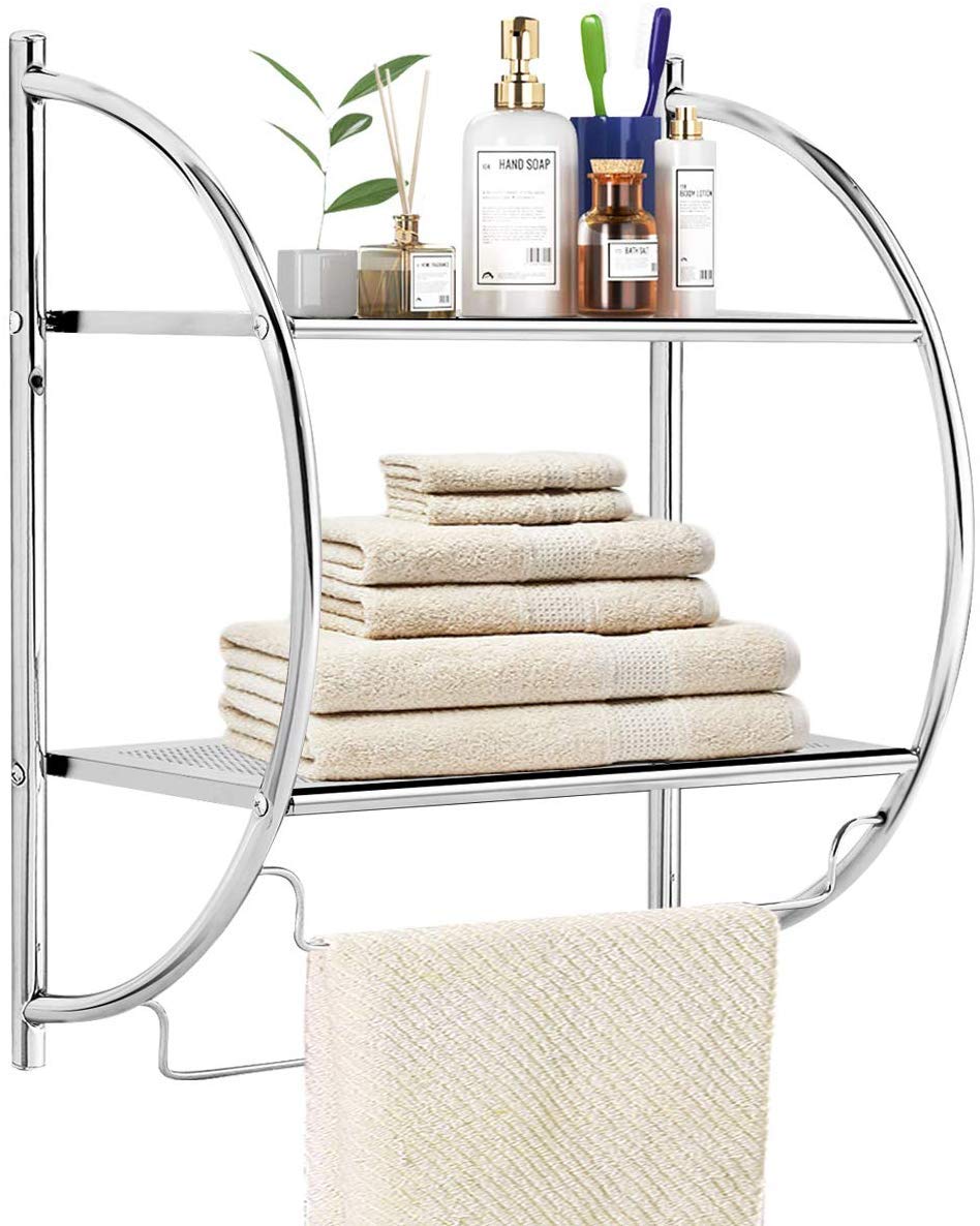 ReunionG 2-Tier Bathroom Shelf with Towel Rails, Wall Mounted Towel Shelf with Space-Saving Design, Multifunctional Chrome Bathroom Storage Shelf for Bathroom Laundry Room Kitchen, Easy Assembly