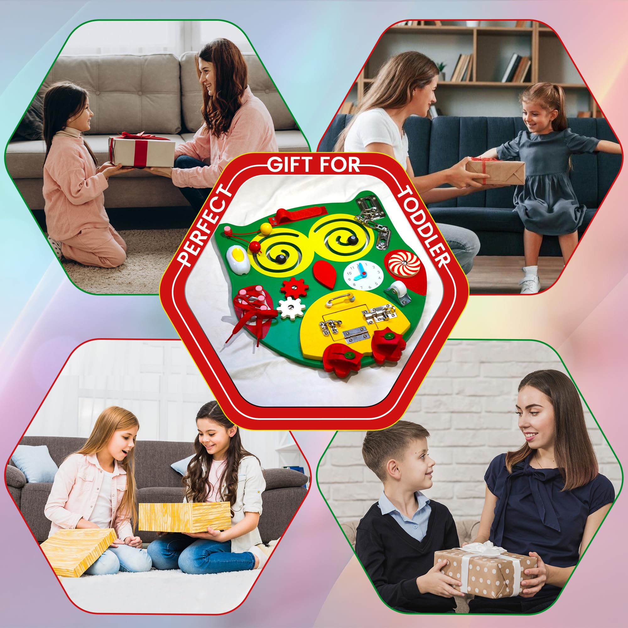 SENSORY4U Owl Sensory Wooden Activity Busy Board - Wood Montessori Experience - Quiet Play Latches Tying Spinning Buttoning