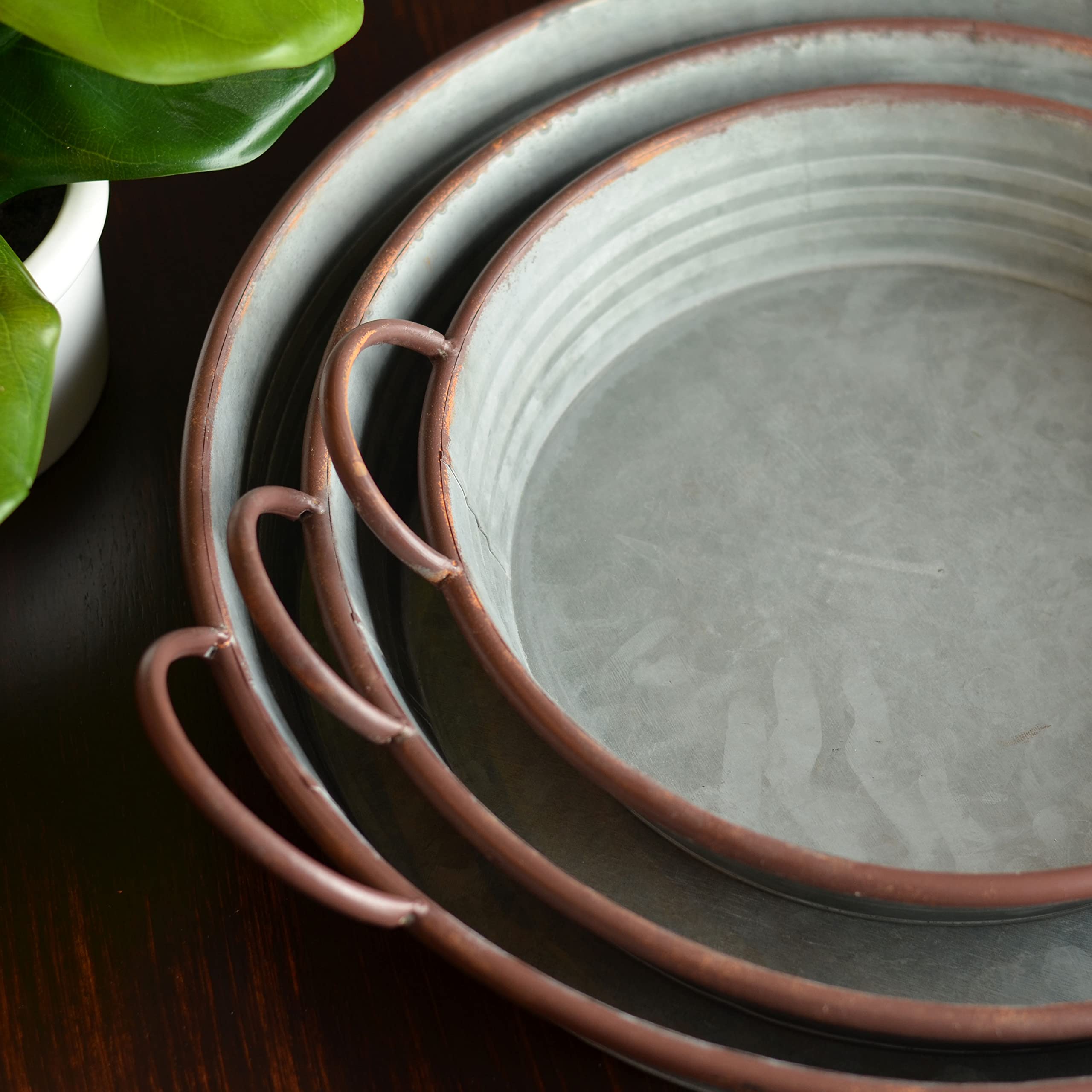 Farmers Deep-Dish Round Trays, Set of 3, Rustic Vintage Style, Galvanized Zinc Metal, 18, 15.75, and 12.25 Inches Diameter