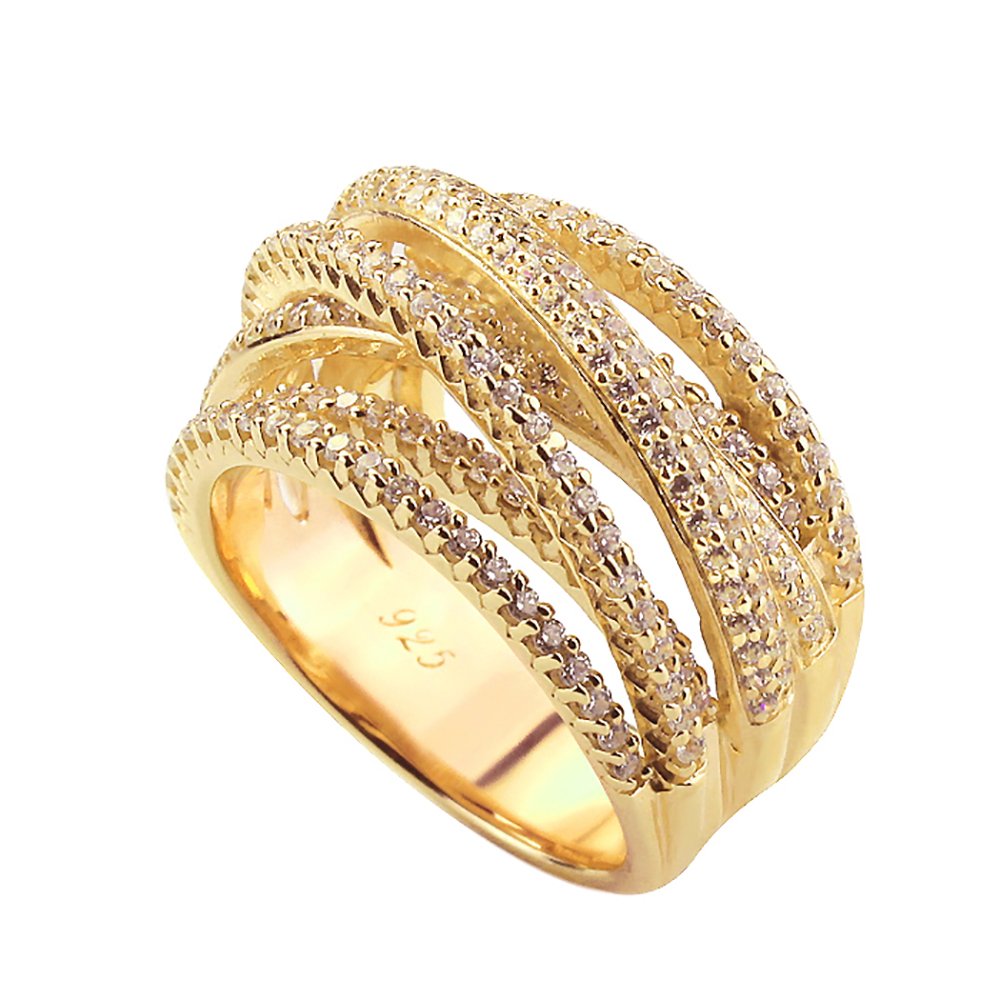 DoubleAccent 925 Sterling Silver Ring Women 14K Gold OR Rose Gold Plated Intertwined CZ Stone Pave CrissCross Statement Ring 13.5mm, 9