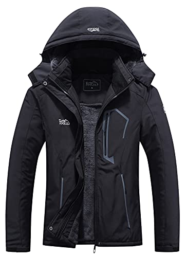 Pooluly Women's Ski Jacket Warm Winter Waterproof Windbreaker Hooded Raincoat Snowboarding Jackets Black-L