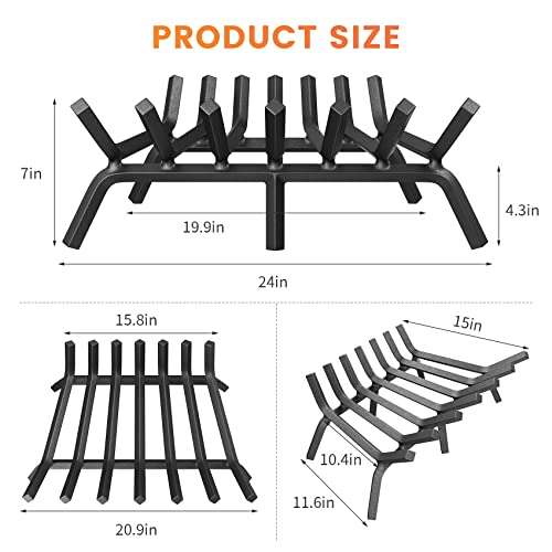 HYTXEN 24 inch Fireplace Grate Heavy Duty Solid Steel Indoor Chimney Hearth Bar Fire Grates for Outdoor Kindling Tools Pit Wrought Iron Wood Stove Firewood Burning Rack Holder Black