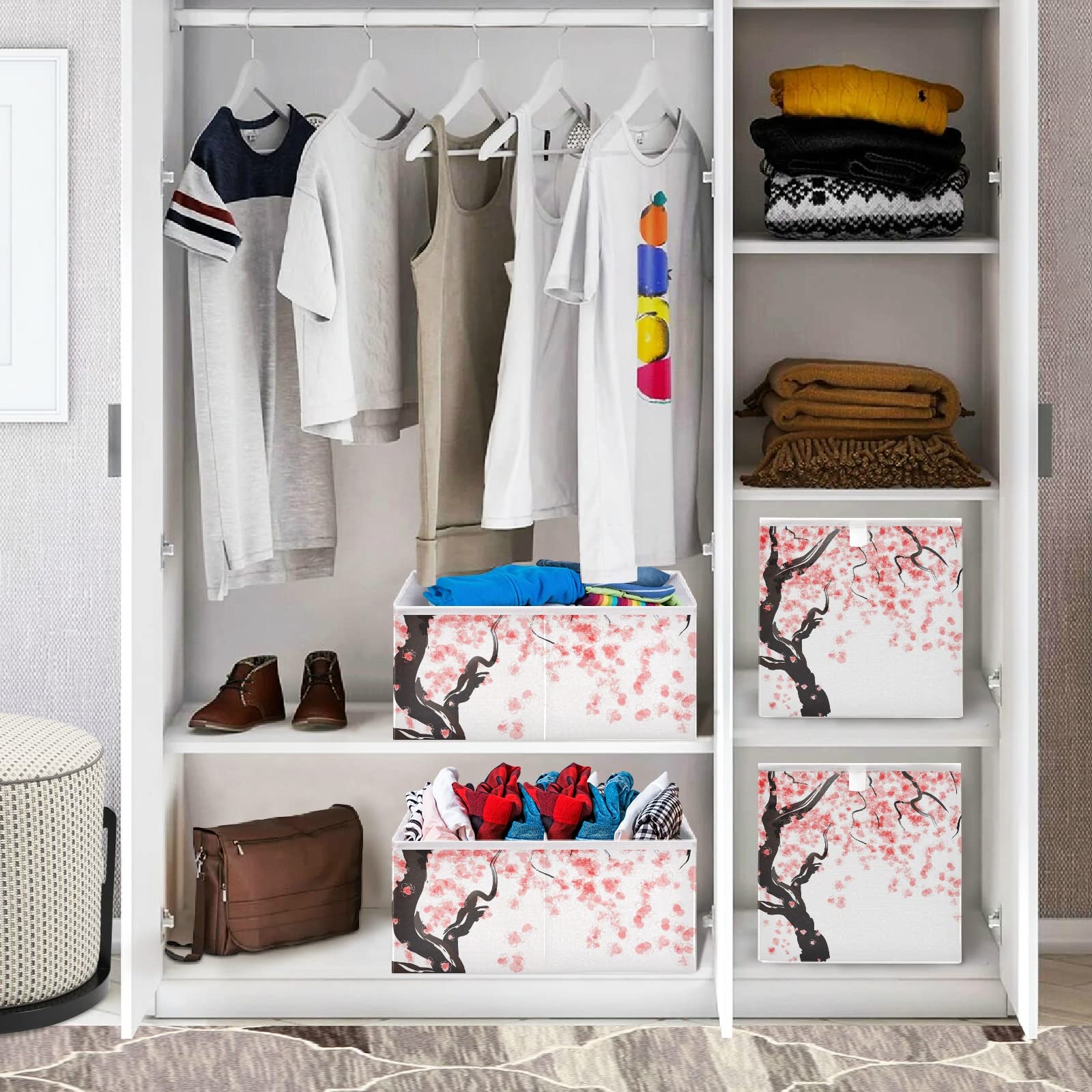 Poeticcity Red Pink Japanese Cherry Blossom Flowers Black Trunk on White Square Storage Basket Bin, Collapsible Storage Box, Foldable Nursery Baskets Organizer for Toy, Clothes Easy to Assemble
