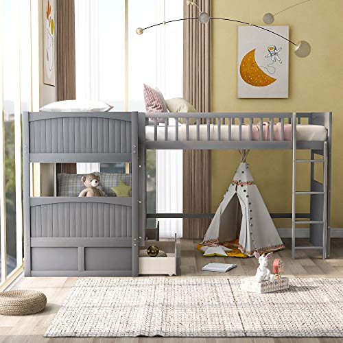 SOHUSPHOME Twin-Over-Twin Wooden L-Shaped Triple Bunk Bed with Ladders and 2 Storage Drawers, Space-Saving Design, Built-in Ladder & Solid Slat Support for Kids Teens Bedroom, Grey