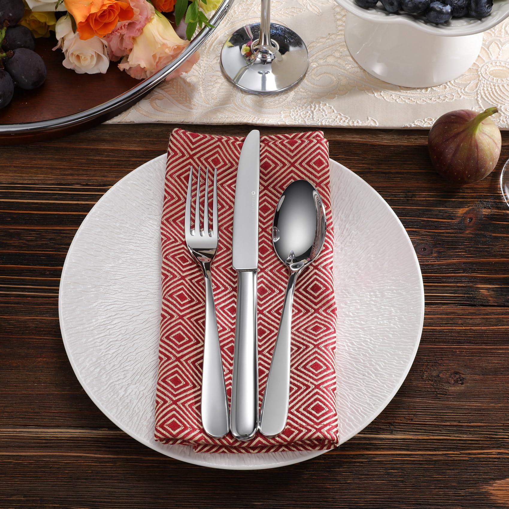 KEAWELL Premium 45-Piece Louise Silverware Set, 18/10 Stainless Steel, Service for 8, Fine Flatware Set, Smooth and Exceptional mirror finish, Dishwasher Safe (45)