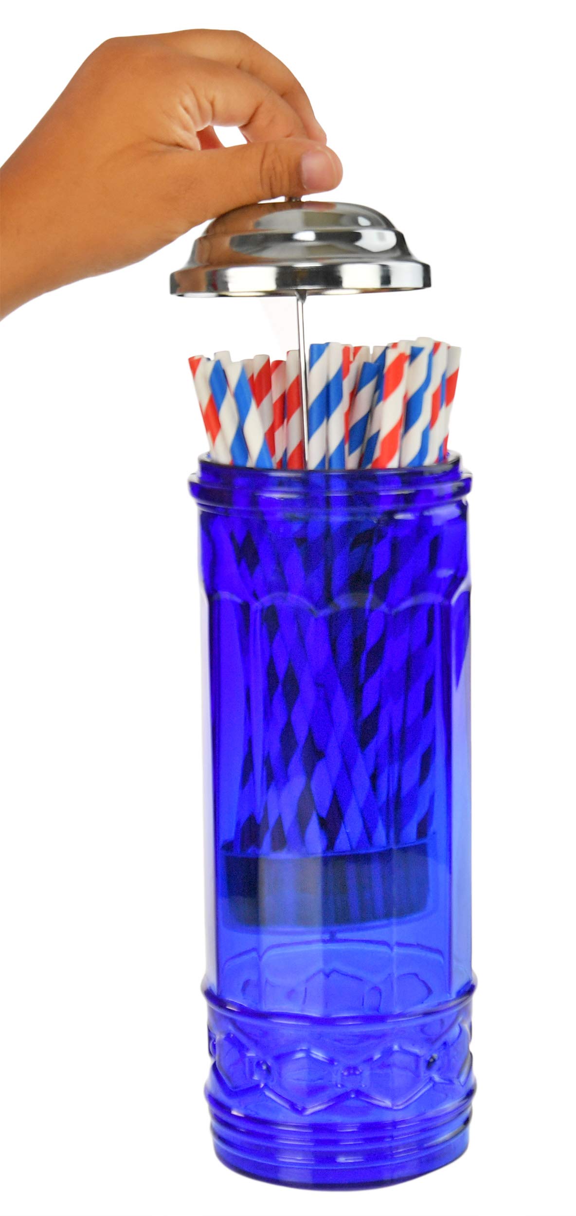 HOME-X Cobalt Blue Glass Straw Dispenser, Straw Holder, Vintage Home Kitchen Accessories, Pop Up Stra Lid Dispenser, Depression Style