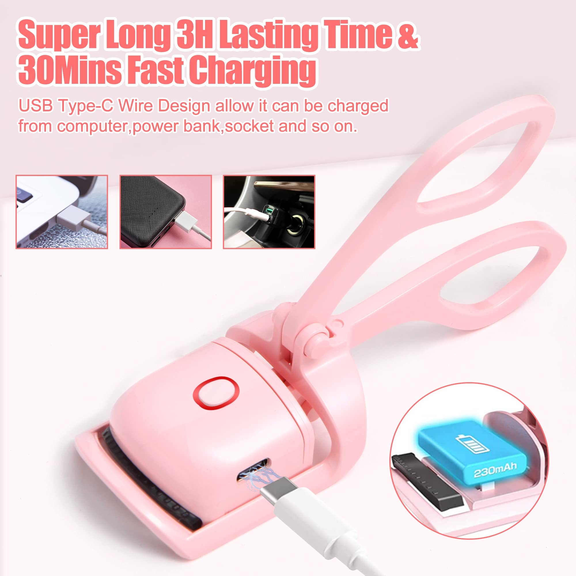 Heated Eyelash Curler, Eye Lash Curler, USB Rechargeable Electric Eyelash Curlers, 2 Heating Modes Quick Charging Natural Curling Eye Lashes for Long Lasting Pink