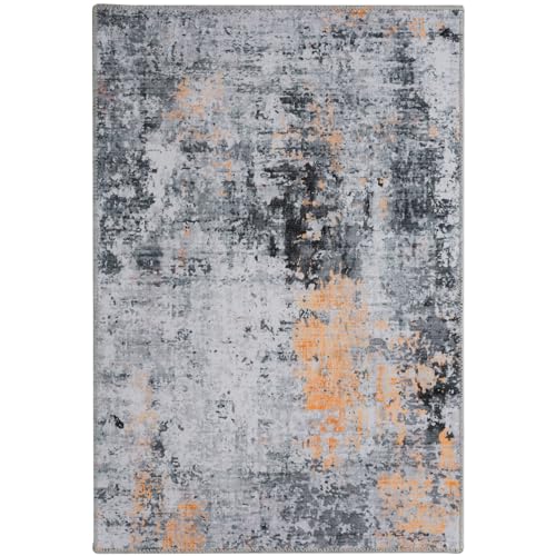 Fashriend Katina Abstract Pastel Entry Rug, 2'×3' Distressed Aesthetic Modern Rug, Non Slip Thin Machine Washable Rug, No Shedding Door Mat with Low Pile for Entrance, Laundry, Kitchen, Bath, Grey