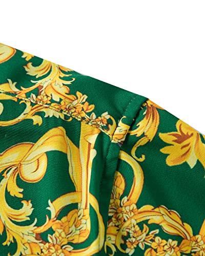fohemr Mens Gold Chain Dress Shirts Luxury Short Sleeve Baroque Print Casual Button Down Design Buchona Shirts Green XX-Large