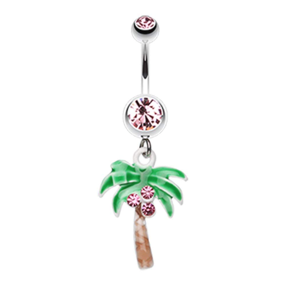 Covet Jewelry Jeweled Palm Tree Dangle Belly Button Ring (14 GA, Length: 10mm, Light Pink)