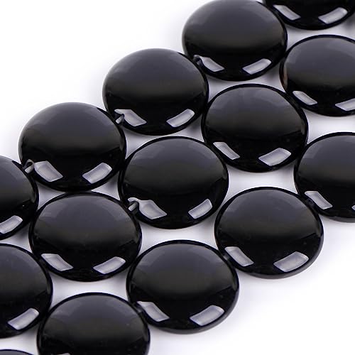 JOE FOREMAN 18mm Natural Black Agate Coin Button Chakras Stone Semi Precious Gemstone Beads for Jewelry Making Strand 15 inch