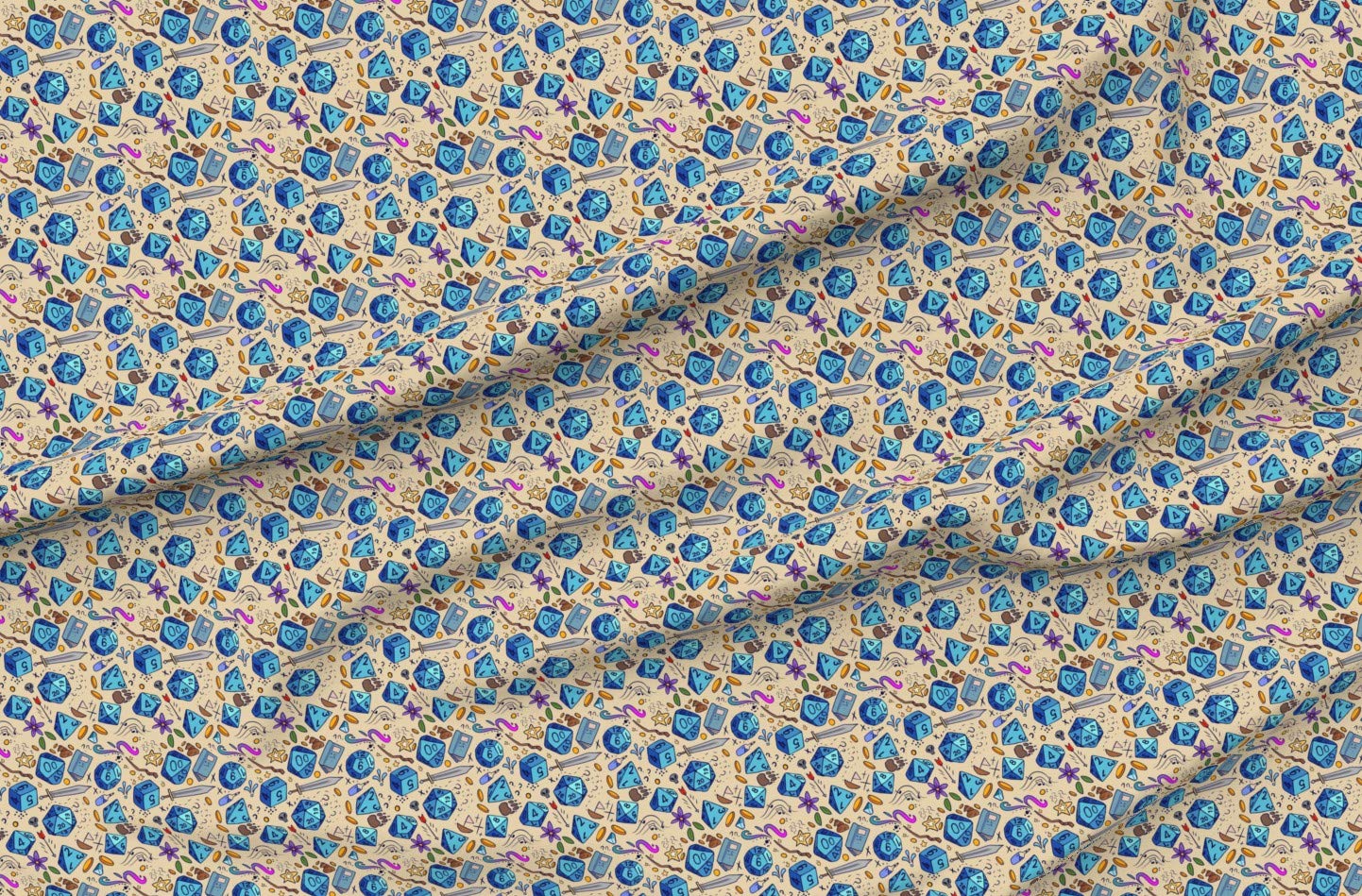 Spoonflower Fabric - Blue Fantasy Illustration Sword Dice Dragons Printed on Petal Signature Cotton Fabric Fat Quarter - Sewing Quilting Apparel Crafts Decor