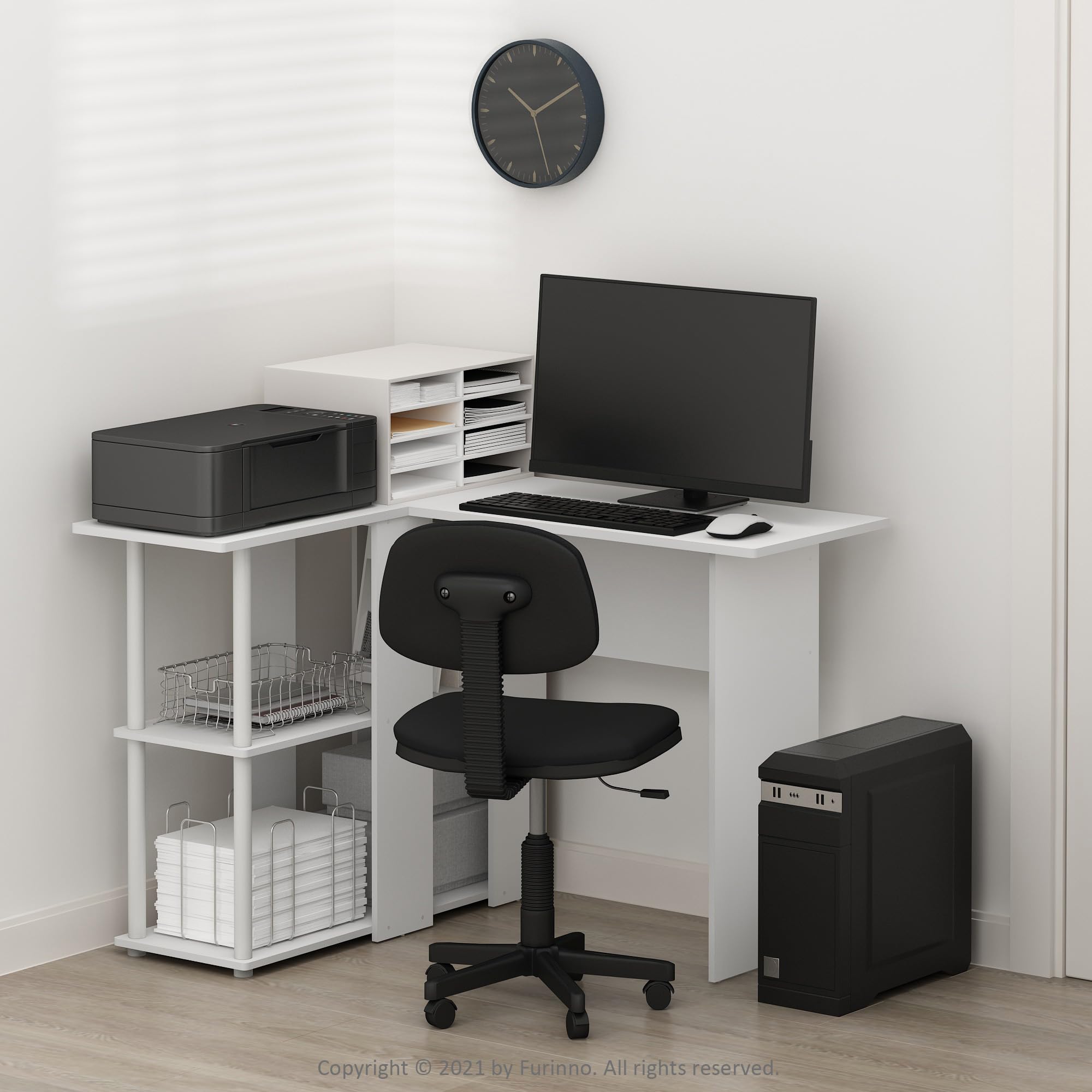 Furinno Abbott L-Shape Desk with Bookshelf, 41.14 (W) x 28.94 (H) x 34.45 (D) inches, White/White
