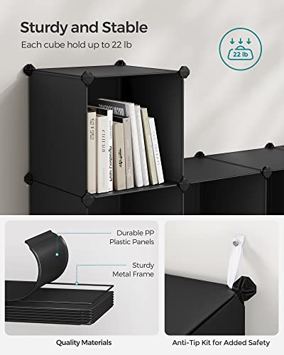 SONGMICS Cube Storage Organzier Portable Wardrobe Closet, 12 Cubes DIY Plastic Armoire Cabinet Modular Shelves Unit with Doors and Hanging Rods for Bedroom, Black ULPC301B01
