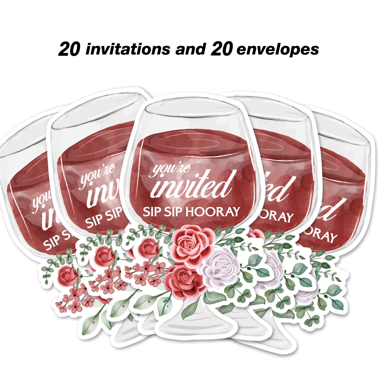 Sip Sip Hooray Birthday Party Invitations with Envelopes, 20 Set Rose Cup Shaped Invitations Birthday Surprise Party Invites Supplies Favors, Double-Sided