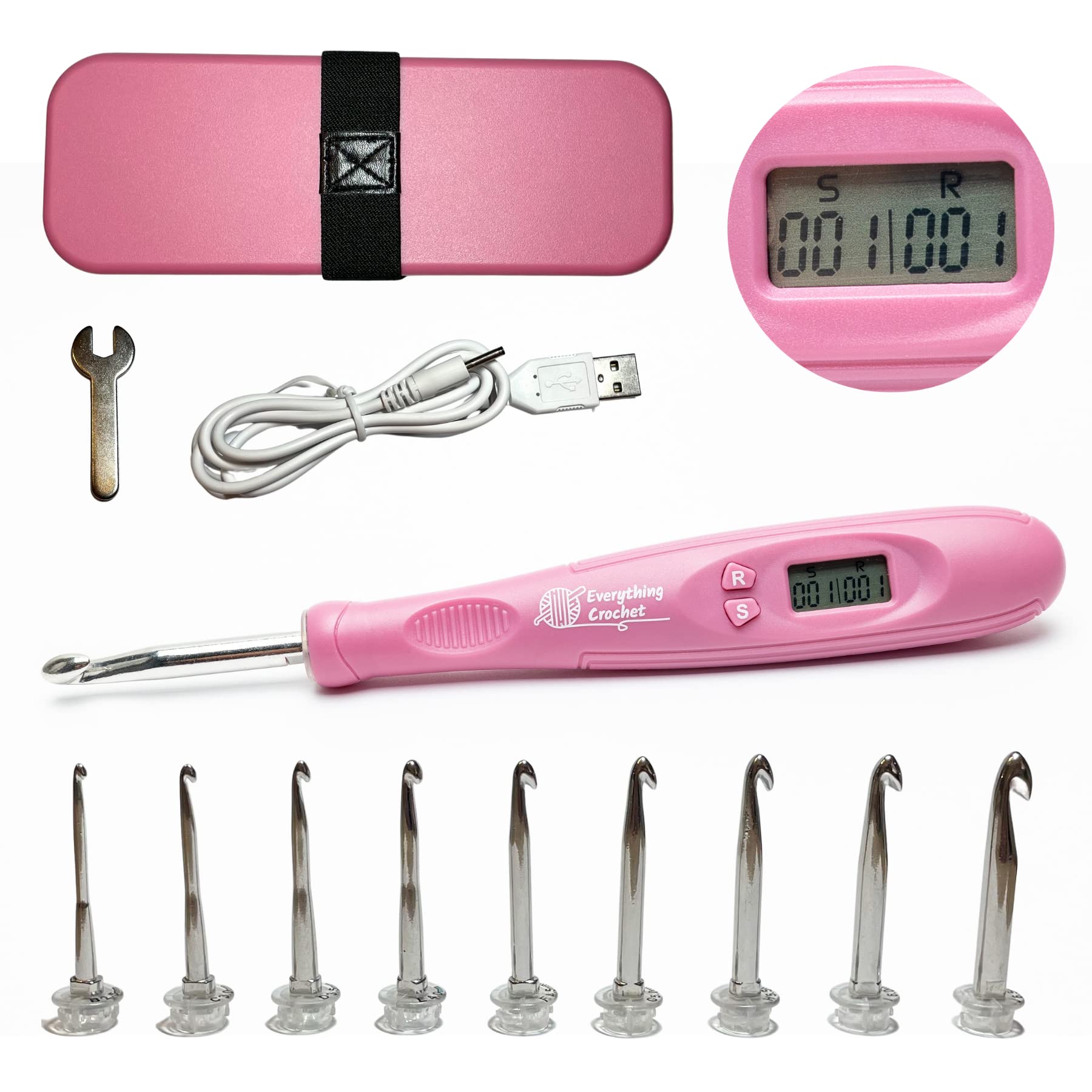 Everything Crochet Counting Crochet Set Digital β Original Ergonomic Crochet Hook Set with Digital Counter to Track Rows and Stitches β Counting Crochet Kit with 9 Interchangeable Crochet Hooks