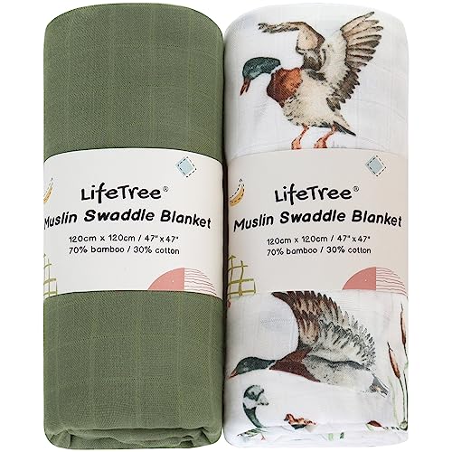 LifeTree Muslin Swaddle Blankets Unisex, Baby Swaddling Wrap Nursery Neutral Receiving Blanket for Boys & Girls, 70% Viscose from Bamboo & 30% Cotton, Large 47 x 47 inches Mallard Duck/Olive Green